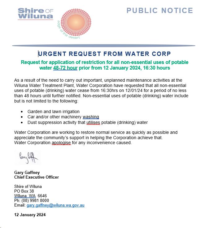 News Story - URGENT Request from Water Corp » Shire of Wiluna
